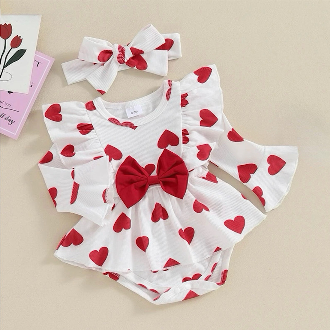 Infant Baby Girl Valentines Day Romper Long Ruffle Flare Sleeve Bow Heart Print Jumpsuit One ...
